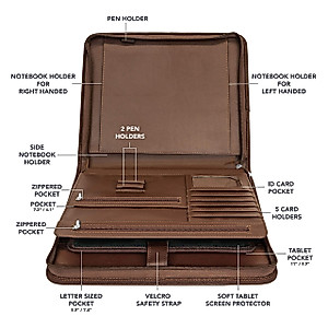 Wundermax Vegan PU Leather Portfolio with Zipper - Business Notebook Organizer for Resume - Padfolio for Men & Women w/Notepad Compatible with 10" iPad/Tablet Pocket Aesthetic School Suppliers, Brown