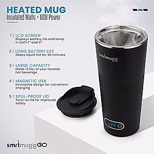 SMRTMUGG GO Heated Coffee Mug, Travel Mug, 13.5 OZ. Smart Mug, Battery Powered Heated Coffee Mug, Great for Coffee and Tea, Snap on Magnetic Charging Cord (Black)