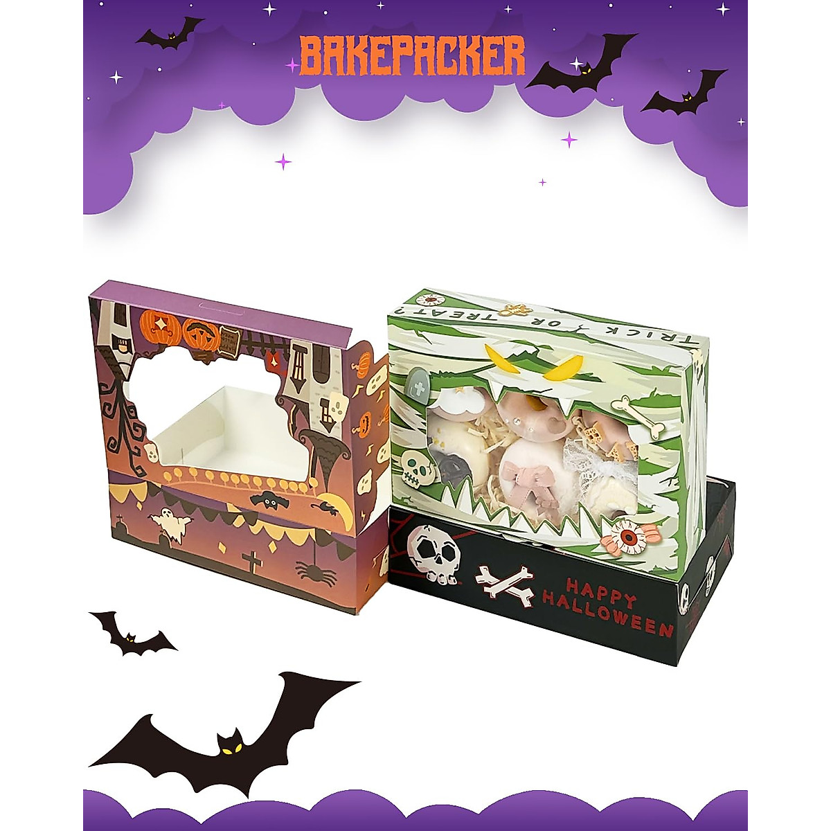 Halloween Bakery Boxes with Window 9x6x2.5 inches Pastry Boxes Mini Cookie Boxes for Festival Bakerys Thick & Sturdy （24 Packs）