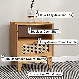 TOLEAD Nightstand Set of 2, Rattan Nightstand with Drawer & Open Shelf, Boho Accent End Table Side Table Bedside Tables with Solid Wood Feet for Bedroom, Living Room