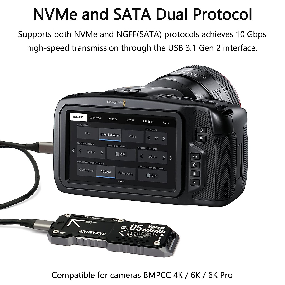 ANDYCINE Lunchbox V M.2 SSD NVME&SATA Enclosure M.2 Case up to USB 3.1 Gen 2 10Gbps RTL9210B Chips Compatible for Selected Camera,PC, Mobile Phone and Laptop (Black Color)