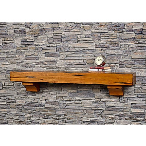 48 Inch Floating Fireplace Mantel Wood Shelf In Chestnut Rustic - Breckenridge From Mantels Direct | With Corbel Bracket Arches | Wooden Rustic Wall Shelf Perfect for Electric Fireplaces and Décor