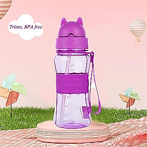 Water Bottle for Kids Toddlers with Straw Strap 12OZ Children Sized Leak Proof BPA Free Tritan Drinking Bottles for Boys Girls School Students, Cute Lightweight Sturdy Anti-skid Design (Purple)