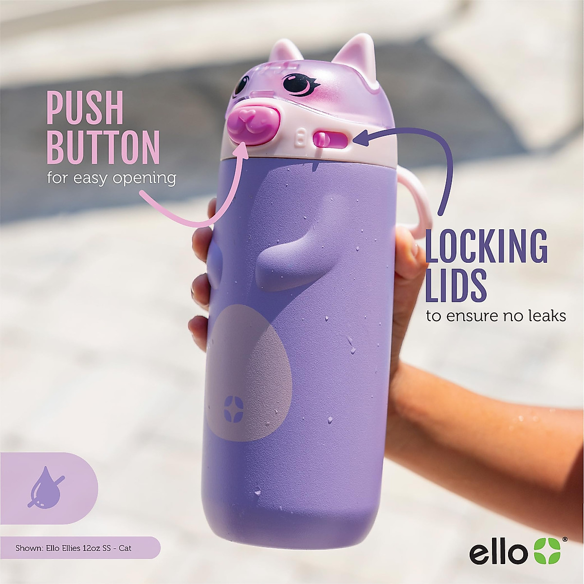 Ello Ellies 12oz Vacuum Insulated Stainless Steel Kids Water Bottle with Straw and Built-in Carrying Handle and Leak-Proof Locking Lid for School Backpack, Lunchbox and Outdoor Sports, Unicorn