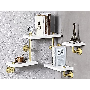 Industrial Retro Wall Mounted Iron Water Pipe Shelf/Bookcase/Shelving – Floating Shelf - Hung Bracket - DIY Storage Bookshelf – Height Adjustable Shelf - Wood Shelf (5-tier wall shelves, gold pipes)
