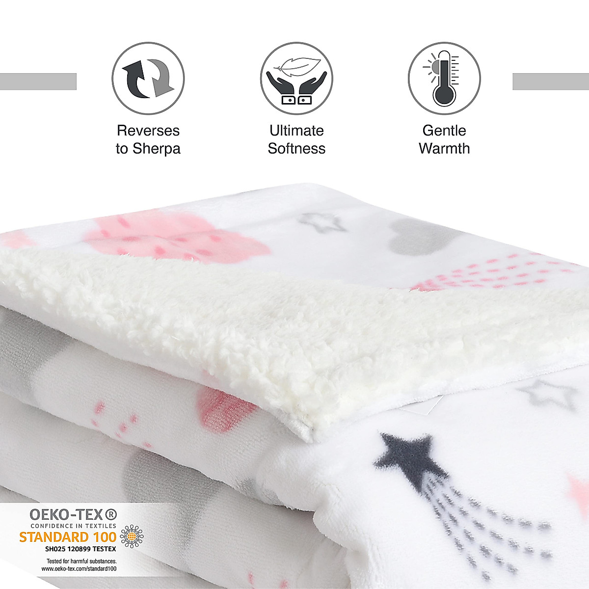 Life Comfort Ultimate Sherpa Baby Blanket, Fluffy Pink and Grey Cloud and Moon Premium Blanket for Baby Girl, Soft Warm Cozy Toddler, Infant or Newborn Blanket for Crib, Stroller, Travel, Nursery