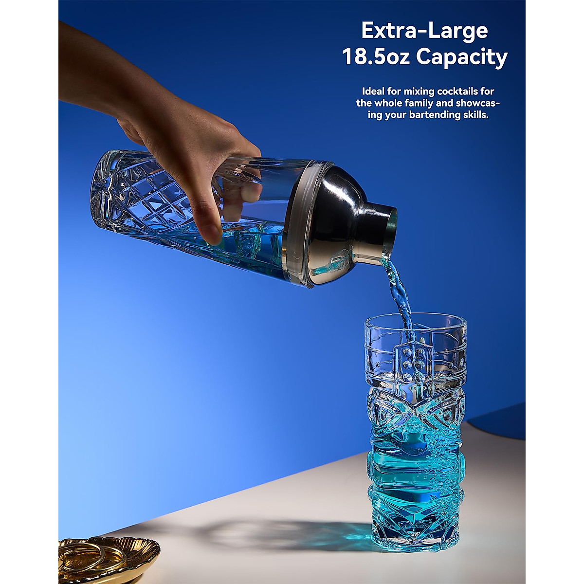 Fioance Glass Cocktail Shaker, 18.5oz Cutting Desgin Glass Shaker - Exquisite Martini Shaker for Elevated Mixology. Perfect for Crafting Artisan Cocktails, Martinis