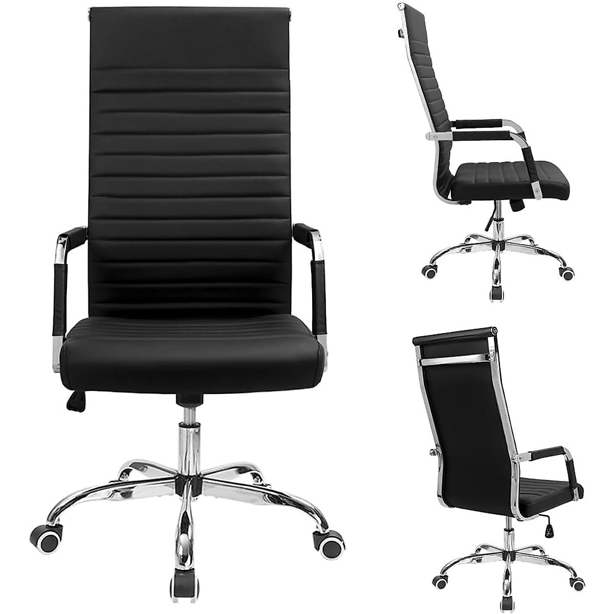 Office Chair,Ergonomic Office Chair Ribbed Office Chair High Back PU Leather Executive Conference Chair Adjustable Swivel Chair with Arms Home Office Desk Chair,