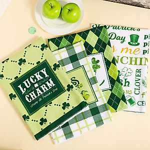 Whaline 4 Pack St Patrick's Day Kitchen Towel Lucky Shamrock Dish Towel Green Plaid Clover Kitchen Hand Drying Tea Towel for Cooking Baking Cleaning Wipes, 18 x 28 Inch