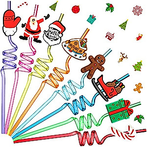 Lauwell 24 Pcs Christmas Drinking Straws Reusable Plastic Xmas Theme Party Santa Claus Sleigh Lollipops Gingerbread Man Hat Gifts, 8 Styles, One Size, Yellow, Orange, Blue, Green, Pink, Red, Purple