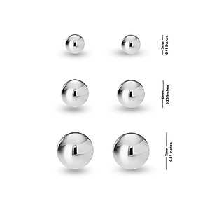Charmsy Set of 3 Pairs 925 Sterling Silver Classic Ball-Post Stud Earrings for Girl Teen Women 3mm 6mm 8 mm
