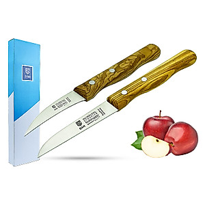 SMI - 2 Pcs Paring Knife Set Peeling Knife Straight & Curved Vegetable Knife Fruit Knife Olive Wood Handle Solingen Knife Made in Germany - Not Dishwasher Safe