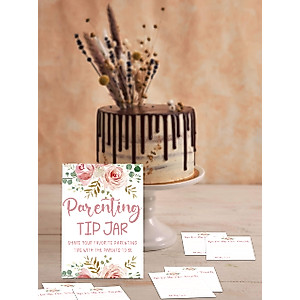 Baby Shower Game Set, Parenting Tip Jar Party Games(1 Standing Sign + 20 Advice Cards), Floral Blank Advice Cards for New Parents, Blush Pink Baby Shower/Gender Reveal Party Favor Decor(A02)