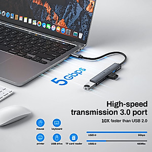 4-Port USB Hub, Multi-Port Adapter with High-Speed USB 3.0 Port, USB 2.0 Port and TF Card Reader, Ultra Slim Portable USB Hub for Laptop, PC, iMac Pro, MacBook Air, USB Splitter