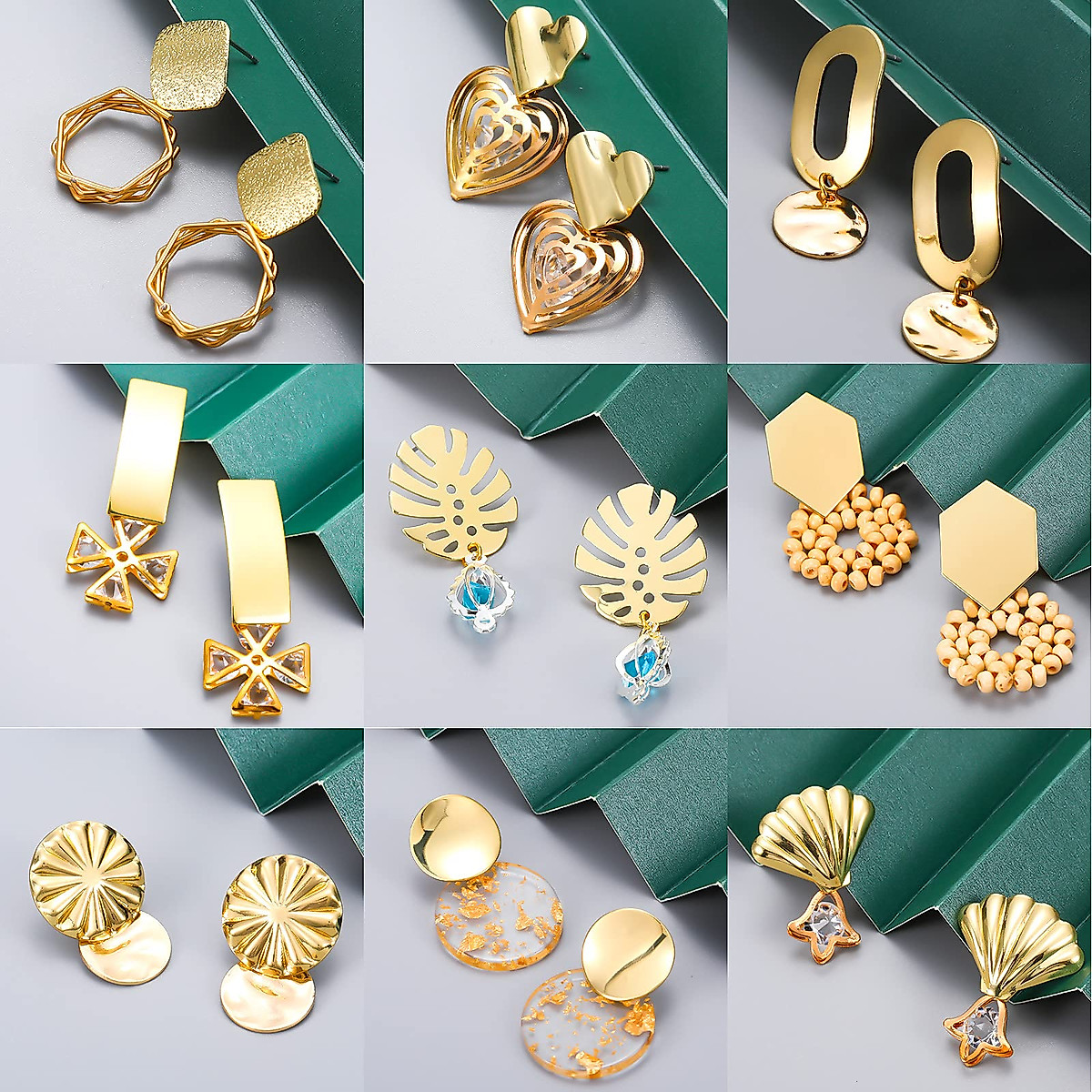 Hicarer 36 Pcs/ 18 Pairs Gold Plated Earring Studs for Jewelry Making Earring Posts with Loop Hole Ear Studs Kit Palm Leaf Shaped Flower Shell Ear Pad Base Posts Heart Hollow Rectangle Hexagon Shapes