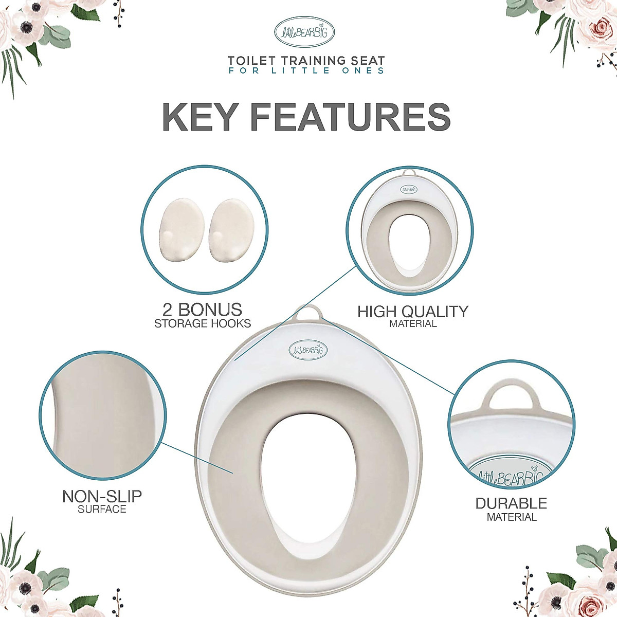 Baby and Toddler Potty Training Seat For Boys and Girls by LittleBearBig - Portable White and Gray Topseat for Toilet with Hook - Fits Oval/Round Lid - Travel Friendly - Stylish Design -Non-Slip Ring