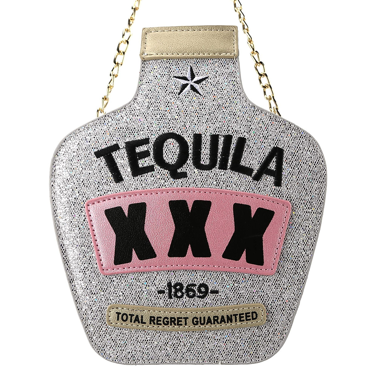 QiMing Tequila Bottle Shaped Laser Shoulder Handbags,Pu Crossbody Purse for women(Silver B)