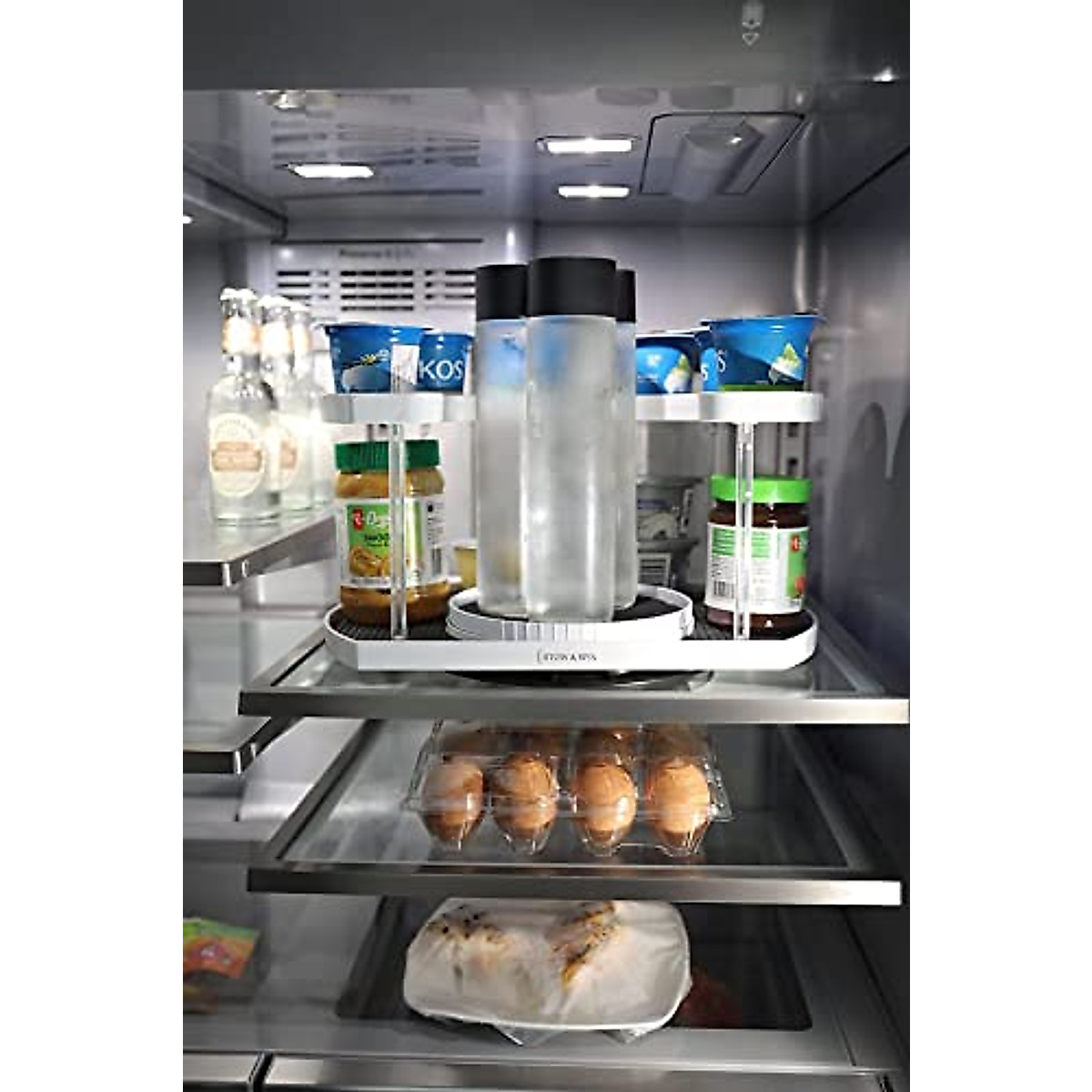 Stow-n-Spin Spice Rack Organizer for Cabinet 2 Tier Lazy Susan Organizer Holds 40 Spice Jars with Double Spinner on Bottom Spice Shelf for Kitchen Pantry Organization and Storage Made in USA