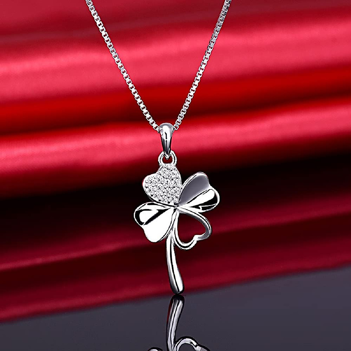 MAJORWARAP Four Leaf Clover Necklace Sterling Silver Shamrock Good Luck Charm Pendant for Women Girl Mom Daughter Birthday Gift