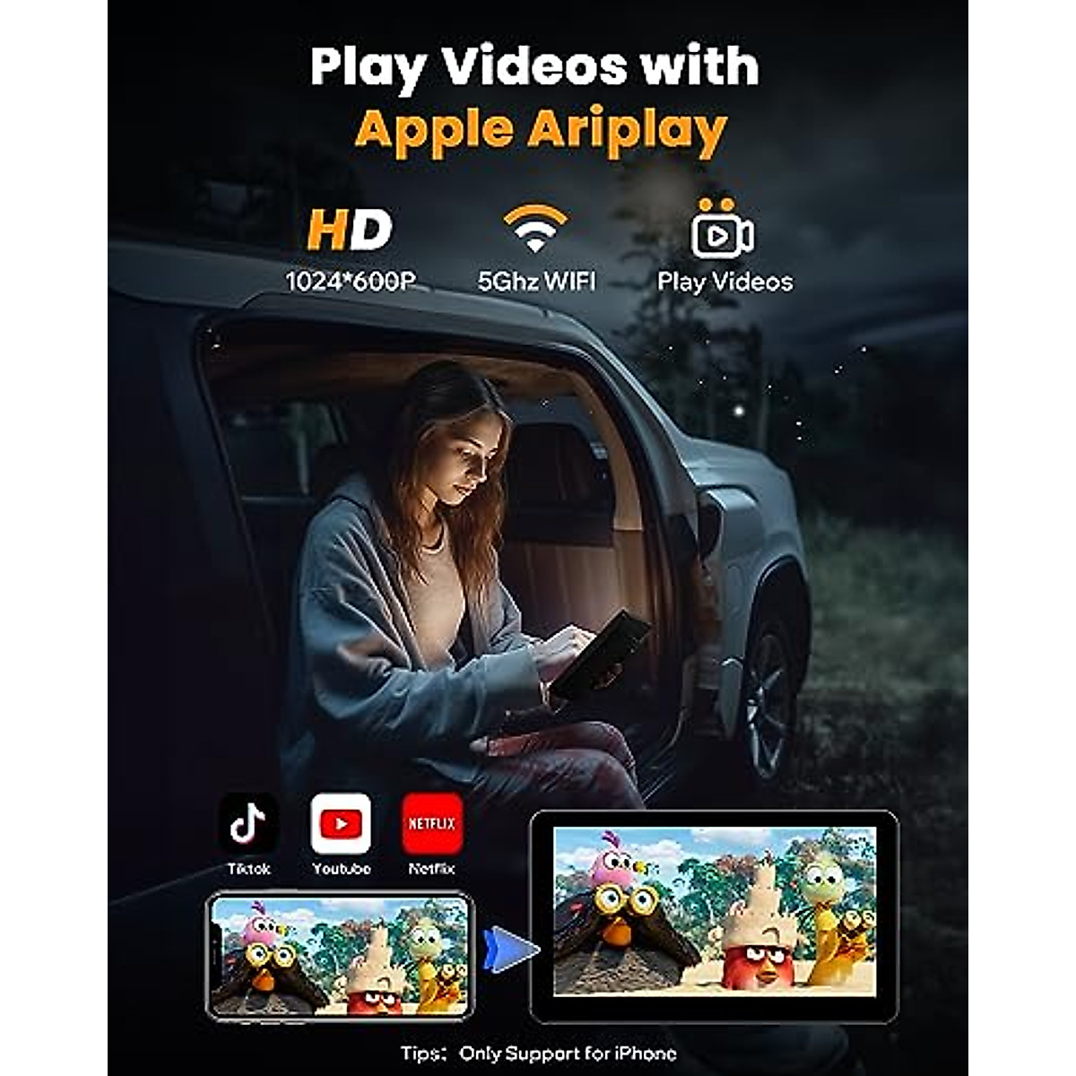 LAMTTO Portable Wireless Car Stereo Apple Carplay with Airplay, 7" HD Touch Screen Android Auto for Cars, Car Radio Receiver with Bluetooth, FM, AUX, Voice Control, GPS Navigation for All Vehicles