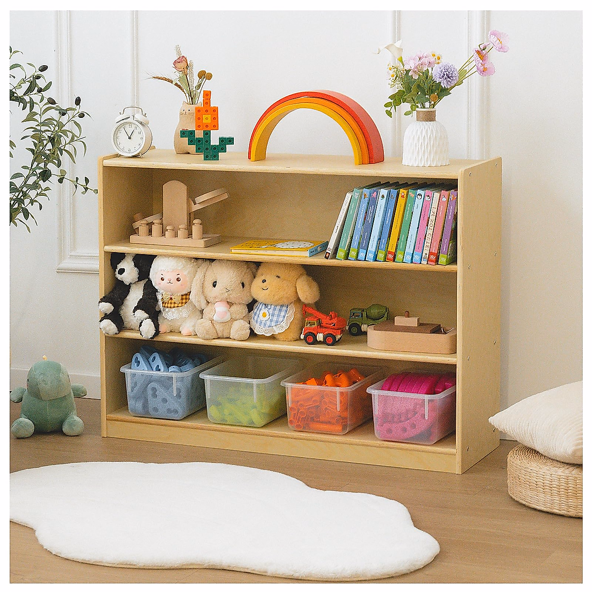 kidi house Kids Bookshelf and Toy Storage Shelf, Wooden Montessori Bookshelf, 3-Tier Toy Shelf, 30in Birch Children Bookcase, Classroom Furniture, Book Shelf for Kids Room, Nursery, Playroom