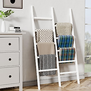 Daflymaco Blanket Ladder for Living Room - 10-Tier Bamboo Wood Blanket Ladder Quilt Ladder Rack Modern Decor Wall Leaning Ladder for Blankets Easy Assembly Blanket Holder for Home Bathroom White