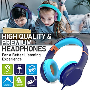 FosPower Kids Headphones with 3.5mm Laced Cables, Children & Teens Over The Ear Foldable Adjustable Headset w/Built-in Mic for Smartphones/PC/Tablet/Laptop/School (Max Volume 85dB) - Blue