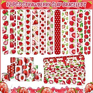 Strawberry Party Favor 72 PCS Sweet Berry Slap Bracelets DIY Stickers Temporary Tattoos Keychain Plastic Straws Gift Bags for Kids Girls Birthday Party Baby Shower Summer Fruit Goodie Bag Fillers