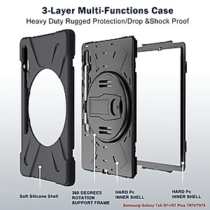 ProCase Galaxy Tab S8 Plus 2022 / S7 Plus 12.4” 2020 Case with S Pen Holder (Model SM-X800/X806/T970/T975), Rugged Heavy Duty Shockproof Case with Hand Strap Rotating Kickstand Protective Cover–Black