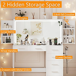 Keehusux 46.7" W Vanity Desk with Mirror and Lights, Makeup Vanity Table with Charging Station and Holder, Bedroom Dressing Table with 6 Drawers & Sliding Hidden Storage Shelves, White KES006WSZT