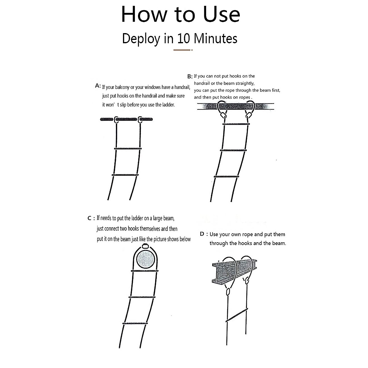 SUTON Emergency Fire Escape Ladder Flame Resistant Safety Rope Ladder with Hooks Fast to Deploy & Easy to Use Compact & Easy to Store Withstand Weight up to 2000 pounds (16ft)