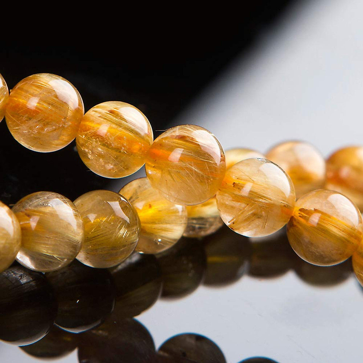 7mm Natural Gold Rutilated Quartz Gemstone Stretch Clear Round Beads Bracelet Brazil AAAAA