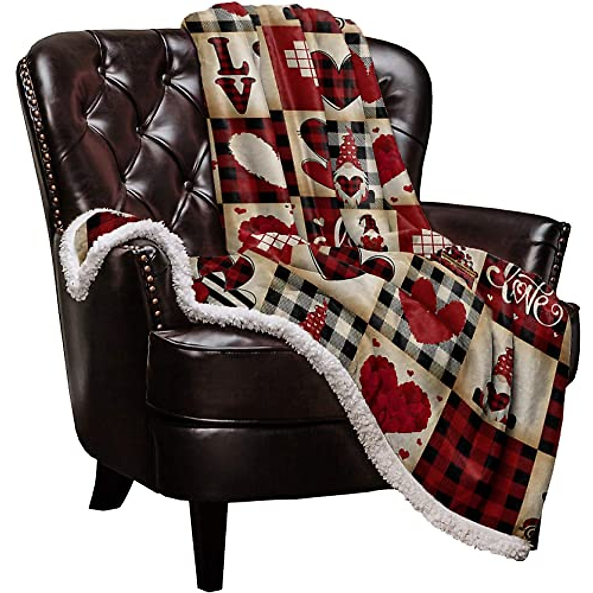 Sherpa Throw Blanket Red Buffalo Plaid,Soft Cozy Blankets Love Gnome Mother's Day,Romantic Thick Reversible Fleece Flannel Plush Microfiber Throws for Couch Bed Sofa Wedding