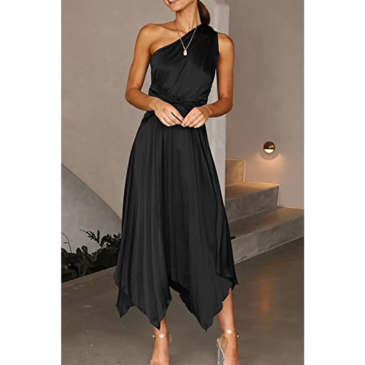 PRETTYGARDEN Women's Summer Long Satin Dress One Shoulder Sleeveless Ruched Twist Flowy Maxi Dresses (Black,Small)