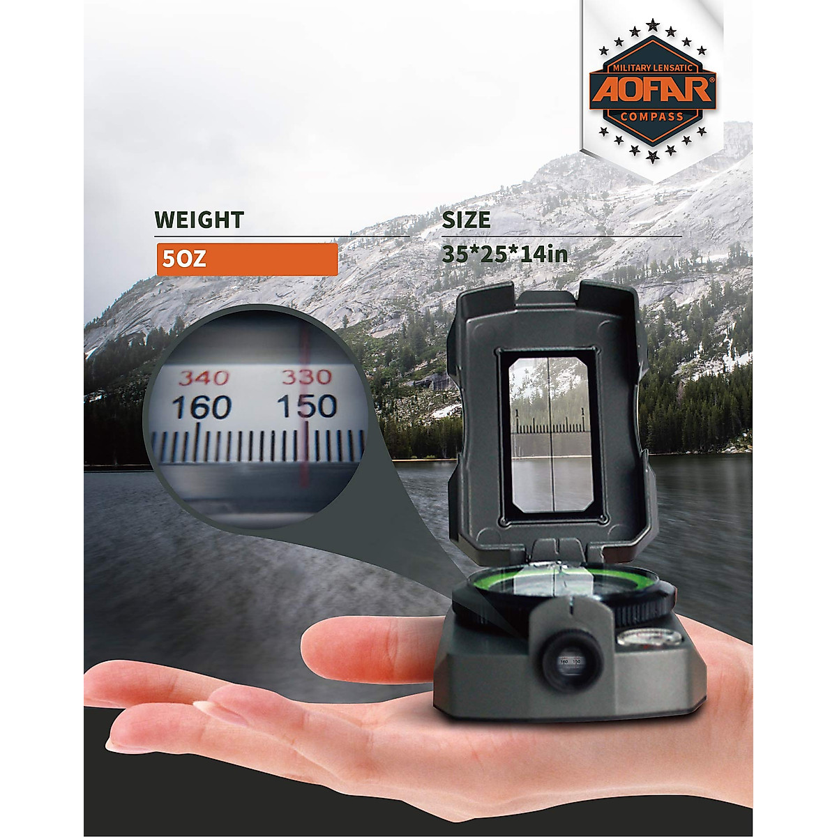 AOFAR Lensatic Sighting Military Compass AF-4090, Aluminum Alloy Material is Lighter, Functional with Signal Mirror Whistle Fishing Hook for Hiking, Camping, Fishing, Mountaineering, Boating, Pouch