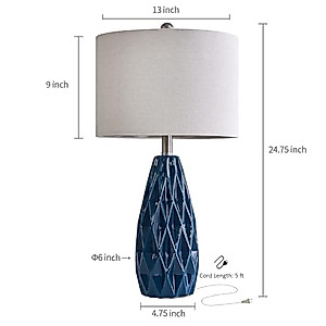G-SAFAVA Modern Ceramic Table lamp Set of 2, Blue Embossed Geometric Pattern Bedside lamp Tall Nightstand Lamp End Table Lamps for Living Room Bedroom