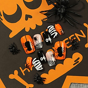 Halloween Press on Nails Glossy Medium Square Fake Nails Black White Spider Web Cartoon Eyeball False Nails Day of the Dead Full Cover Acrylic Artificial Nails Reusable Stick on Nails Glue on Nails