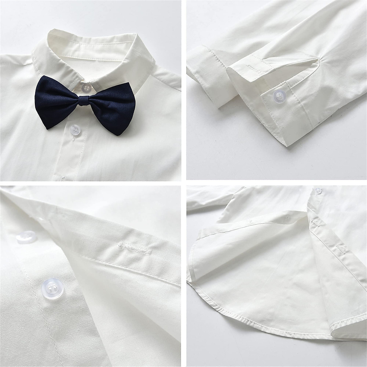 SANGTREE Baby Boys Dress Clothes, Toddlers Boys Long Sleeves Button Down Dress Shirt with Bowtie + Suspender Pants Set Gentlemen Outfit, 1# White, 18-24 Months