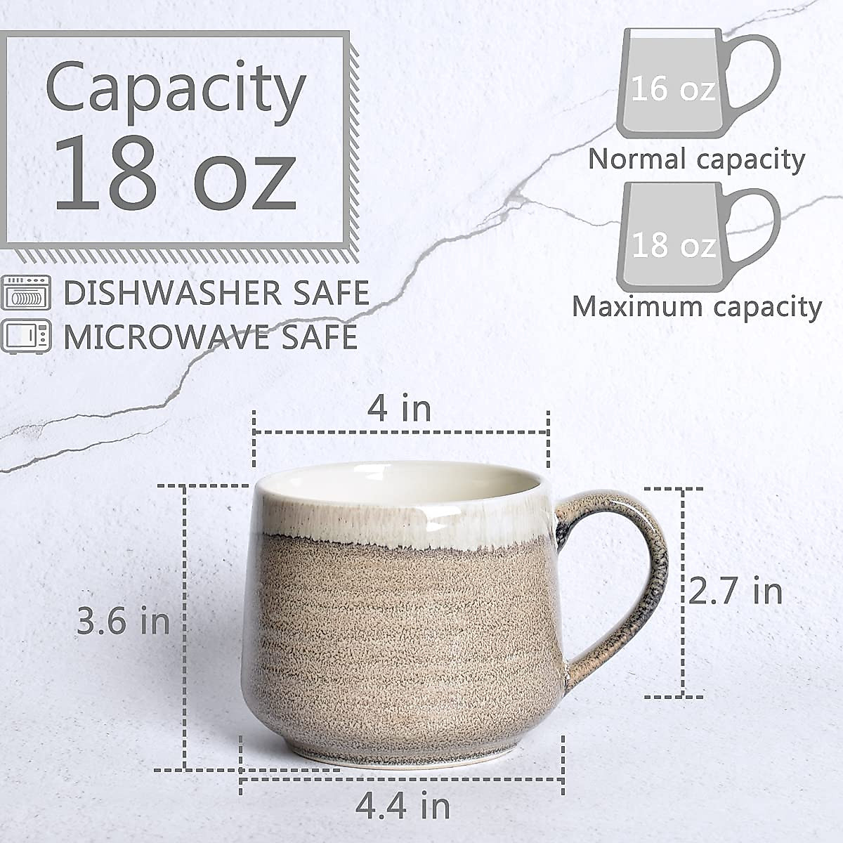 Bosmarlin Large Ceramic Wide Coffee Latte Mug Set of 2, 18 Oz, Big Stoneware Tea Cup for Office and Home, Dishwasher and Microwave Safe (Brown Grey, 2)