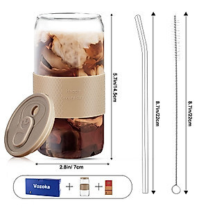 Vozoka Drinking Glasses with Silicone Lid and Glass Straws, 4 Set - 16oz Can Shaped Glass Cups, Beer Glasses, Iced Coffee Cups, Cute Tumbler Glass Cup for Whiskey Cocktail Coffee Gift