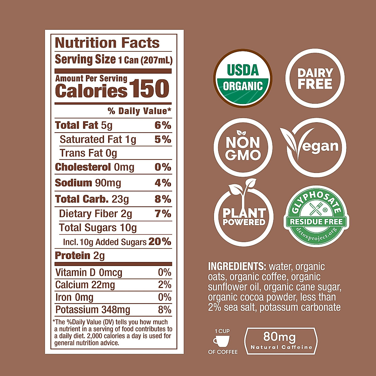 RISE Brewing Co. Oat Milk Mocha Nitro Cold Brew Coffee, No Sugar Added & No Dairy, Organic & Non-GMO, Low Acidity & Vegan, 7 Fl. Oz. Cans