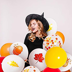 Whaline 80Pcs Fall Balloon Set Autumn Leave Maple Leave Pumpkin Pattern Balloons Red Orange Yellow Confetti Balloon with Yellow Orange Ribbon for Fall Autumn Party Thanksgiving Birthday Wedding Decor