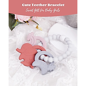 Teething Rings for Babies 0-6 6-12 Months Front and Molar Teething Relief Wearable Teether Bracelet Infant Toddler Chew Toys Ease of Grabbing, Elephant Rainbow Moon Shape, Baby Girl Gifts, BPA Free