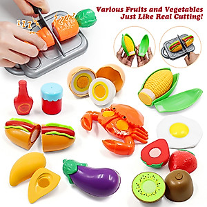 Kids Pretend Play Kitchen Toys Accessories Set, 32 Items Stainless Steel Toy Pots and Pans Sets w/ Rack Organizer, Metal Cooking Utensils & Apron, Play Food w/ Basket for Kids Girls Boys Toddlers