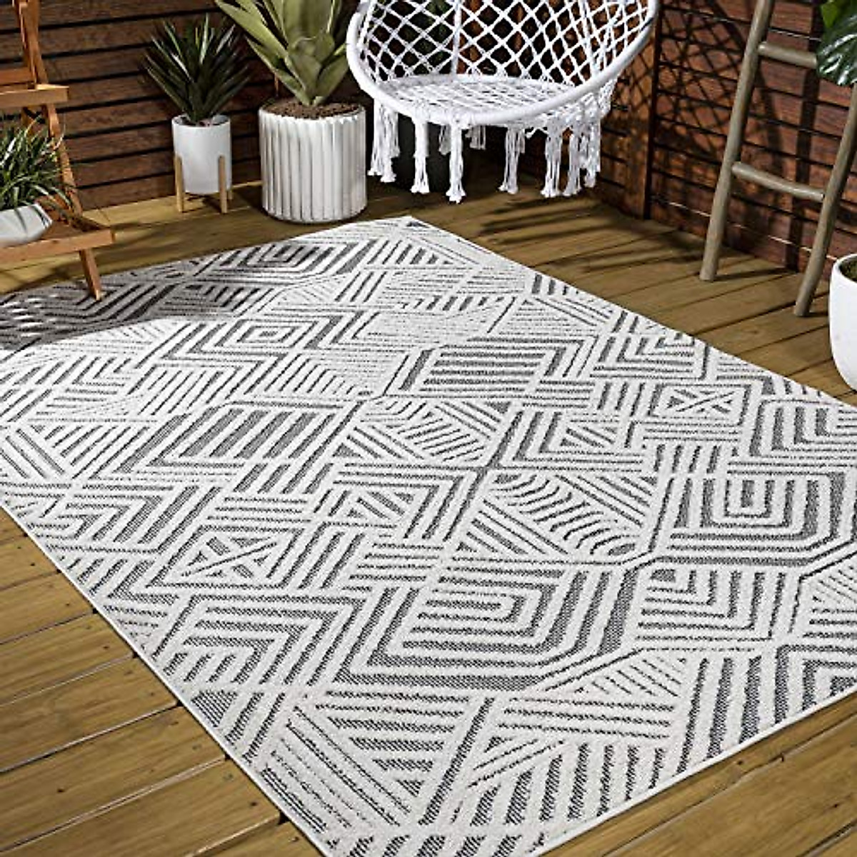 JONATHAN Y SBH103A-8 Jordan High-Low Pile Art Deco Geometric Indoor Outdoor Area-Rug Bohemian Contemporary Easy-Cleaning Bedroom Kitchen Backyard Patio Porch Non Shedding, 8 ft x 10 ft, White/Black