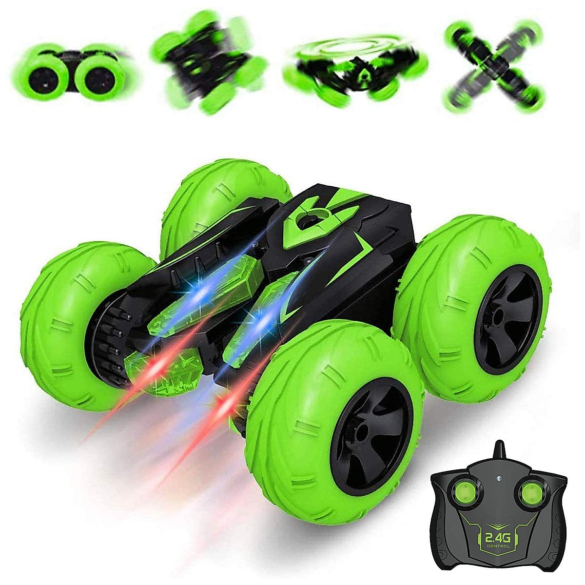 VAZILLIO Remote Control Car for Kids, Tornado RC Stunt Car Toy, Double Sided 360° Rotate, Spin, Flip Stunt RC Cars High Speed Racing Car with Headlights, Stunt RC Crawler for Boys & Girls (Green)