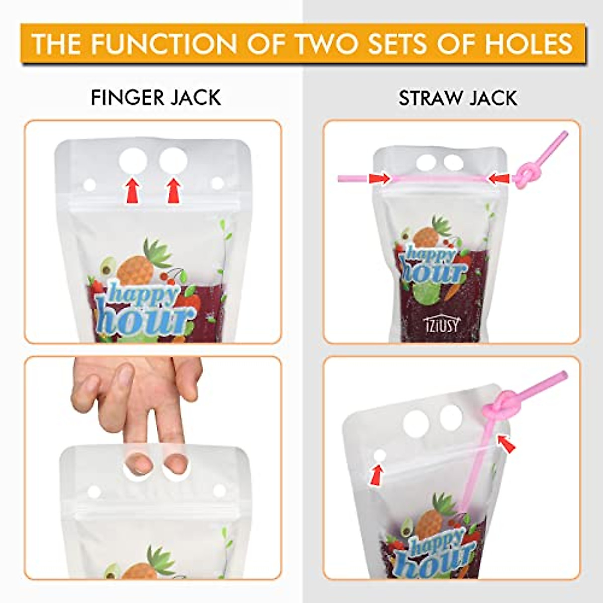 100 Pcs Zipper Plastic Pouches Drink Bags, Heavy Duty Hand-Held Translucent Frosted Reclosable Stand-up Bag 2.4" Bottom Gusset with 100 pcs Straws & Funnel Included