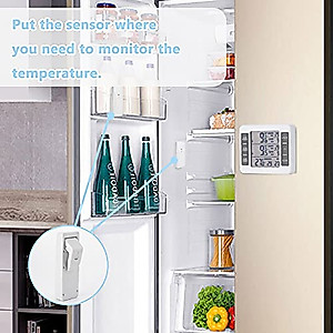Locisne Freezer Alarm with Audible Alarm and 2 Wireless Sensors, Indoor Outdoor Refrigerator Thermometer for Home Kitchen