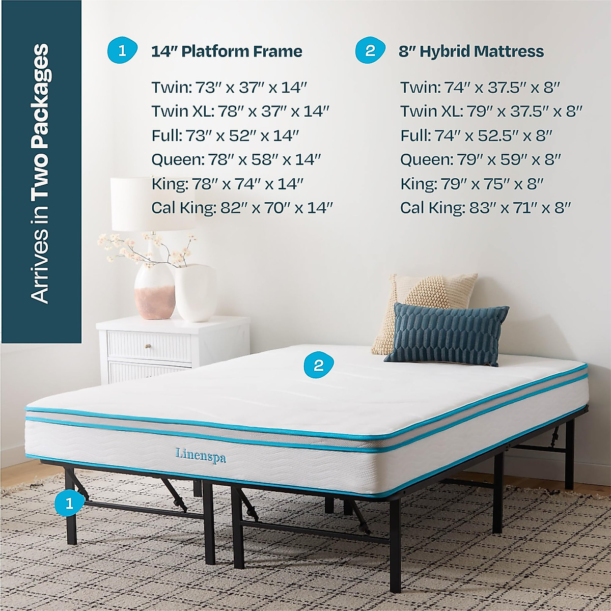Linenspa 8” Memory Foam and Innerspring Hybrid Mattress + 14” Black Metal Platform Bedframe – Full Mattress + Metal Folding Full Bedframe