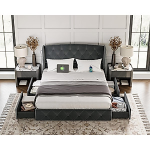 LINSY Upholstered Queen Bed Frame with 4 Drawers, RGB Lights, Fast Charger and Headboard - No Box Spring Needed, Dark Grey